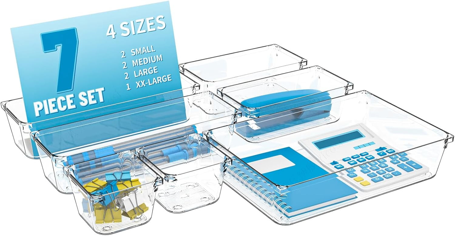 7 Pack Clear Plastic Drawer Organizer Set,4 Sizes Bathroom Drawer ...