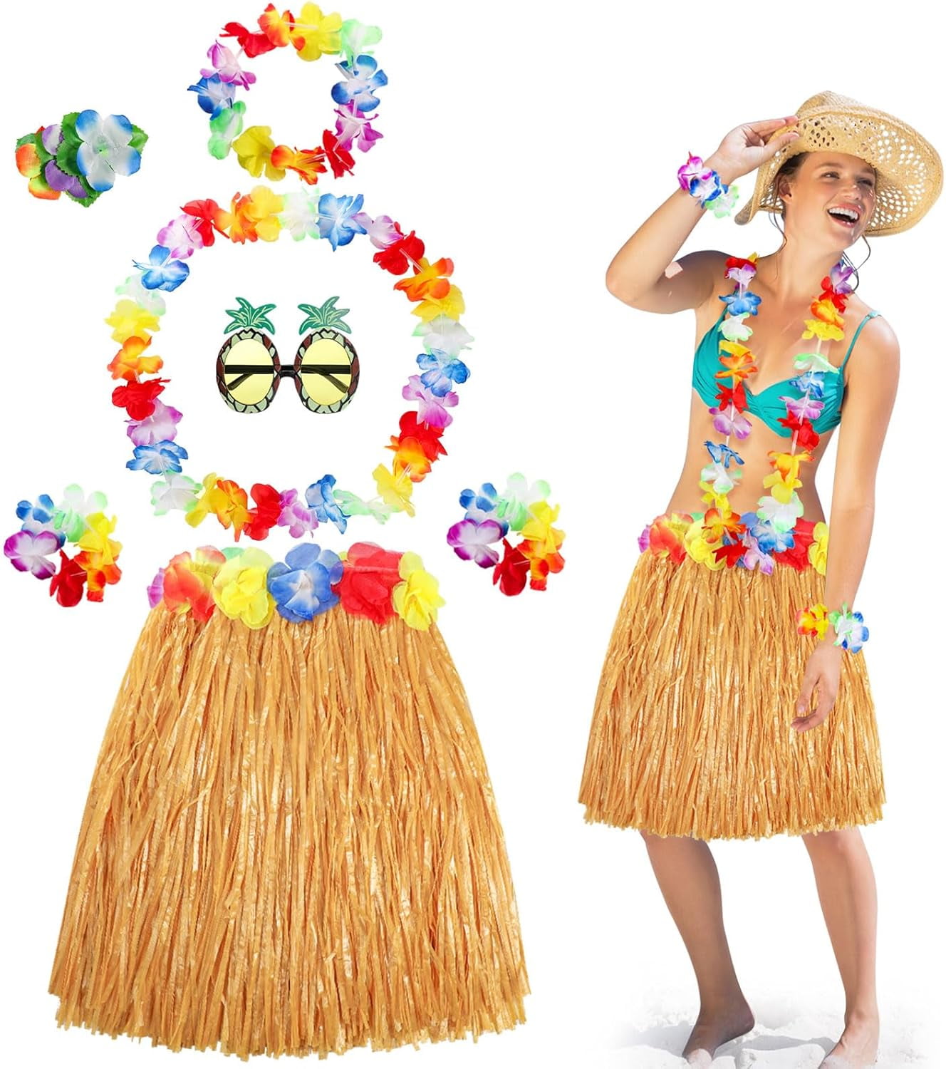 7 Pack Hula Skirt Costume Kit for Hawaii Luau Party, 24 in 2-Layer ...