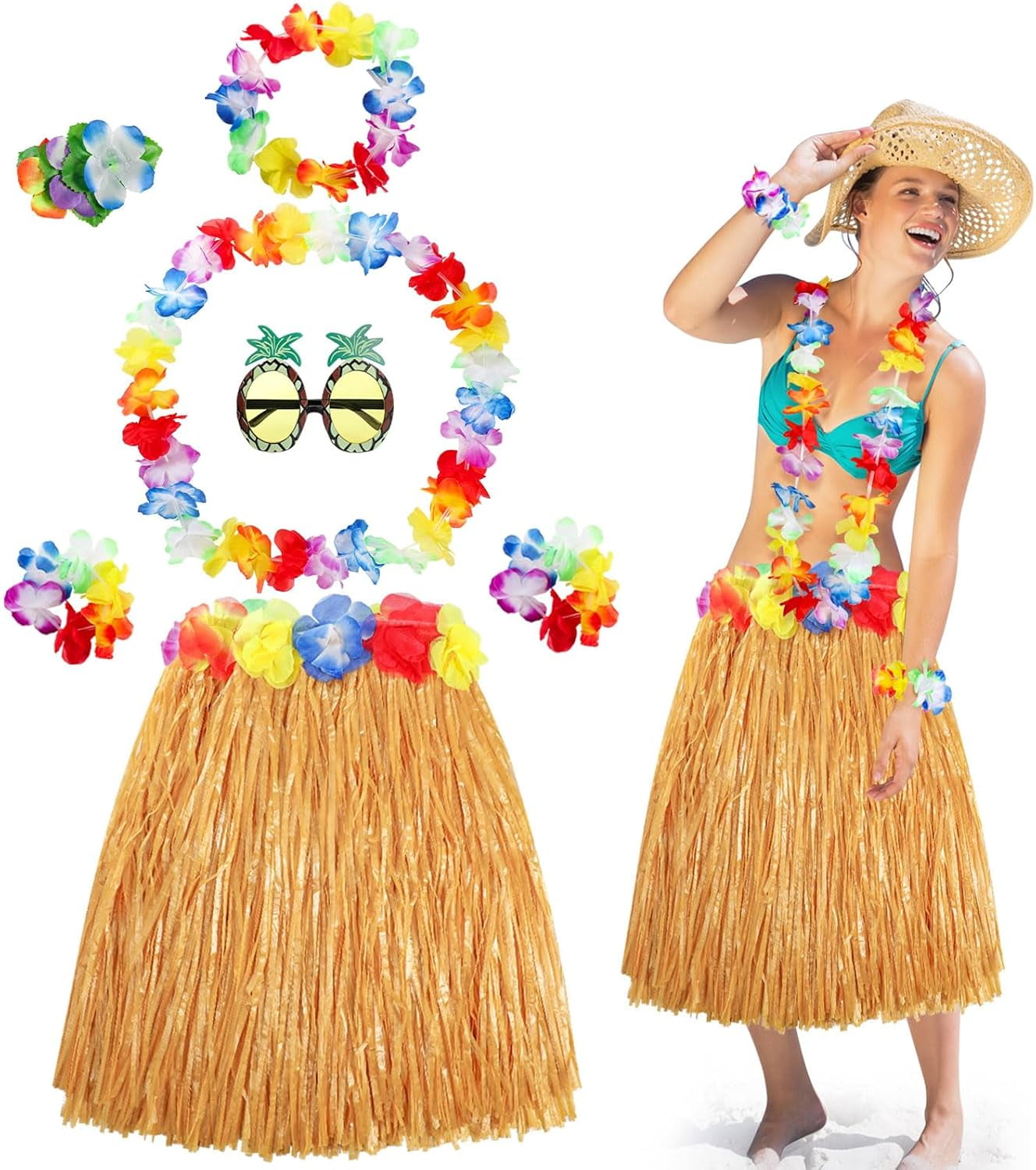 7 Pack Hula Skirt Costume Kit for Hawaii Luau Party, 32 in 2-Layer ...
