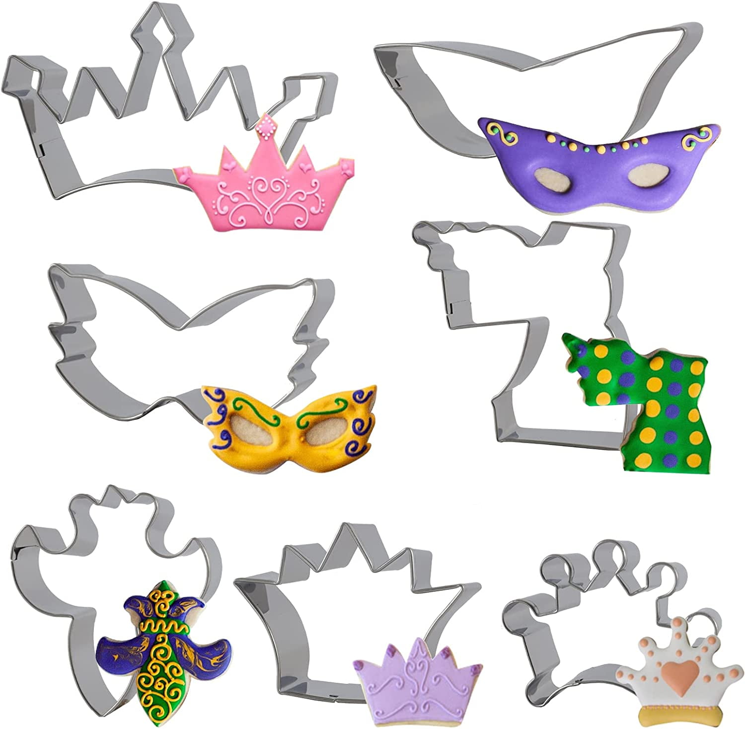 7 Pack Mardi Gras Cookie Cutter Set Stainless Steel Crown, Mask, Fleur ...