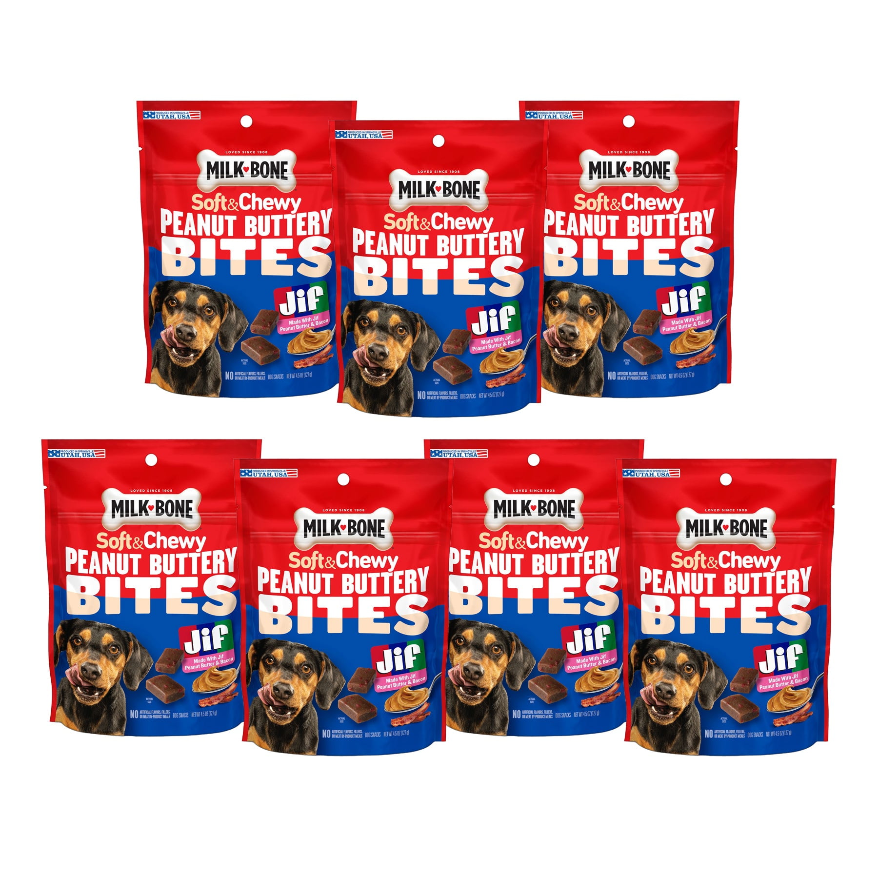 Milk-Bone (Pack of 7) Chewy Peanut Buttery Bites Dog Treats with Jif ...
