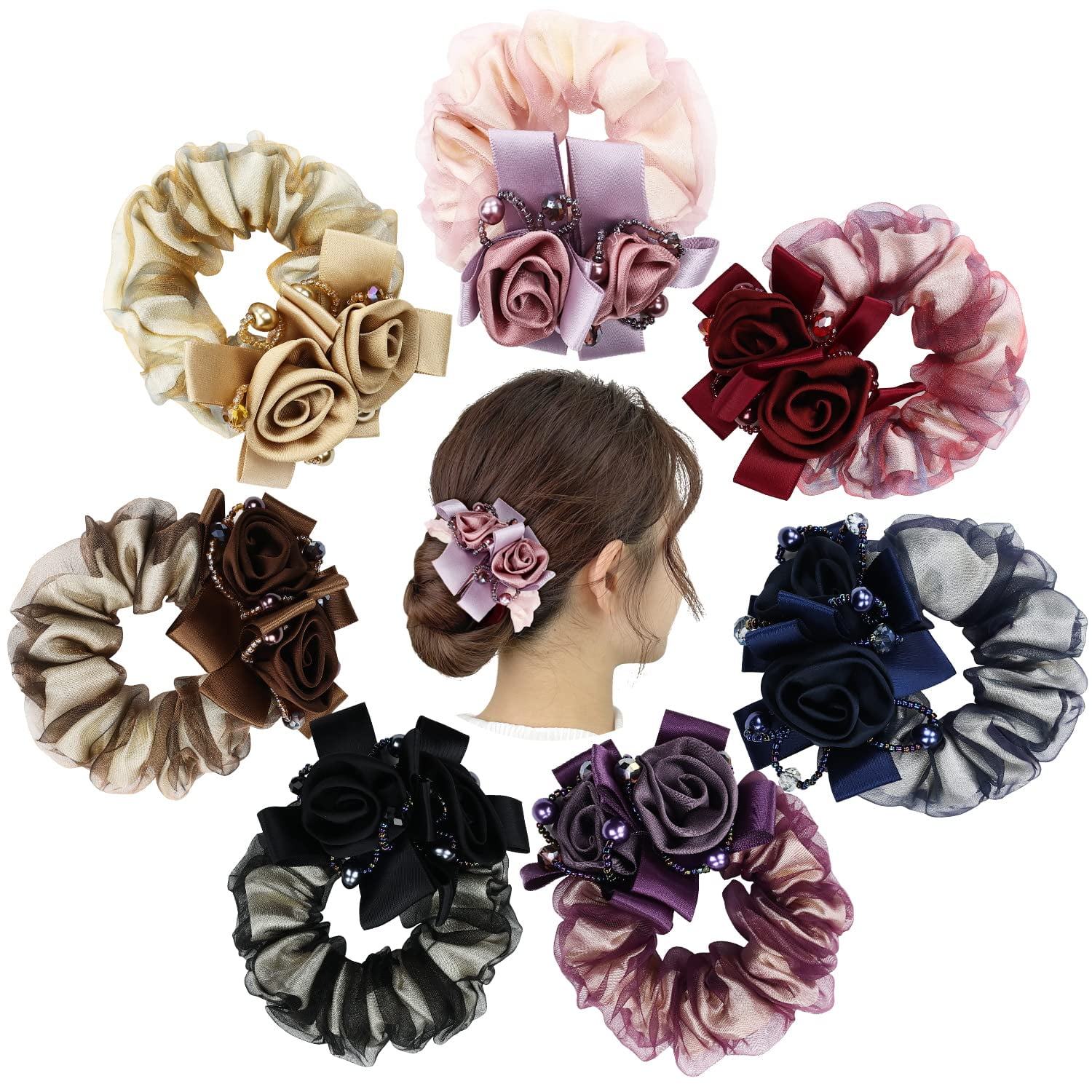 7 Pack Sparkly Crystals Pearls Rose Flower Lace Hair Scrunchies Ties ...