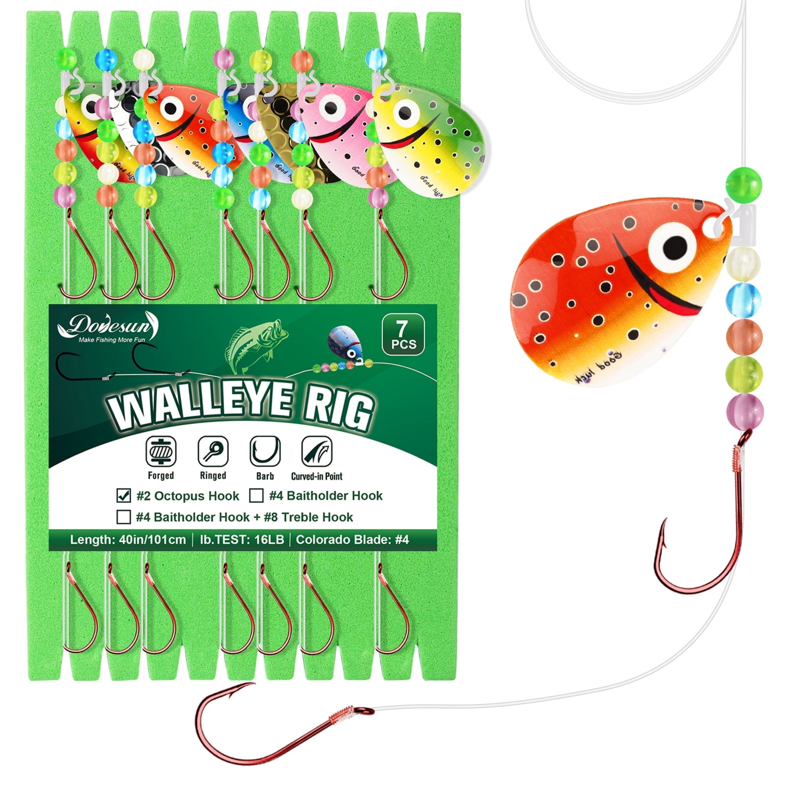 7PCS Walleye Crawler Harness 16lb Spinner Rigs with #2 Octopus Hooks ...