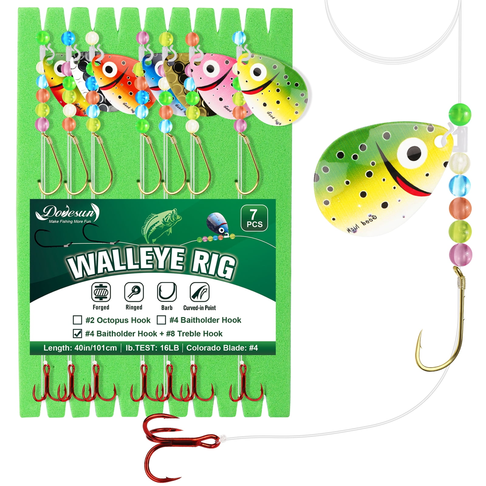 7 Pack Walleye Fishing Harness 16lb Colorado Blades #4 Baitholder + #8 ...