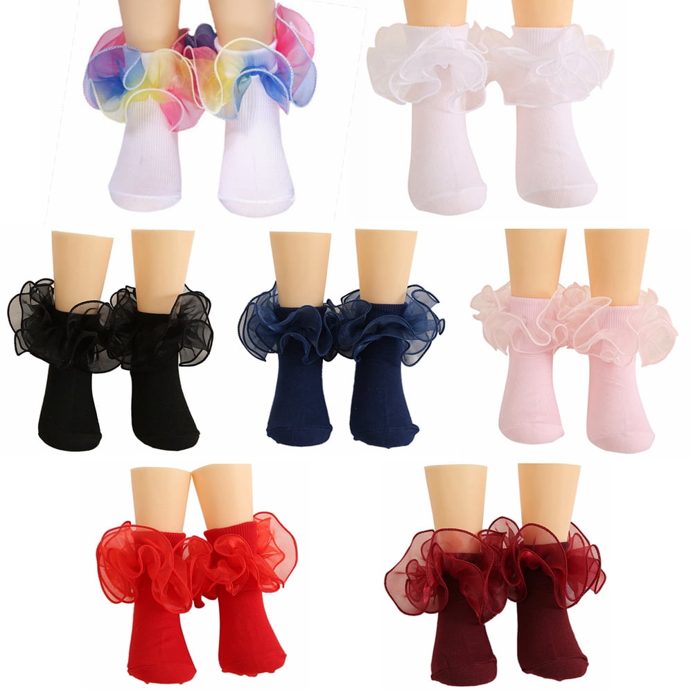7 Pairs Toddler Girls Rainbow Ruffle Lace Socks Turn Cuff Big Ruffle ...
