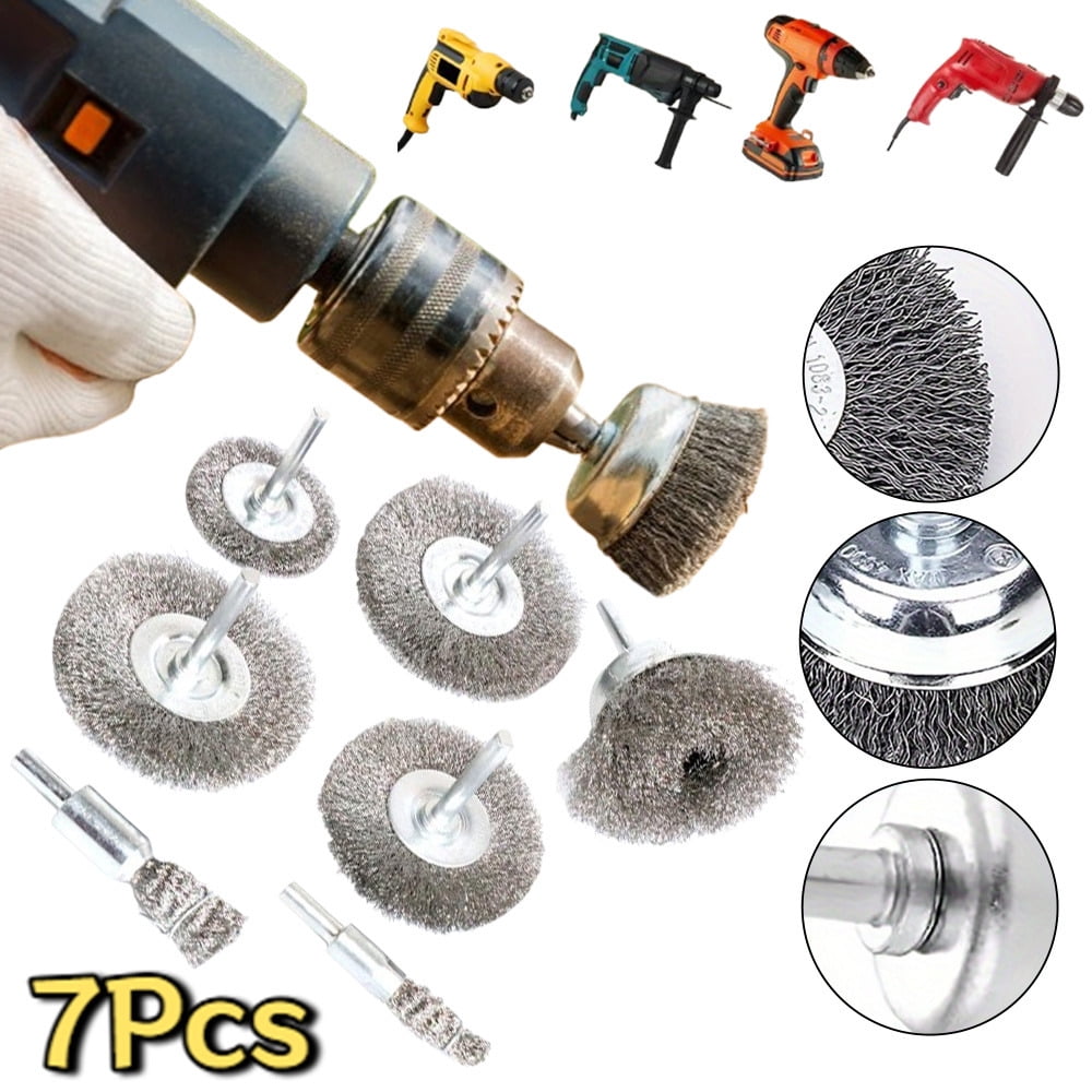 7-Pc Stainless Steel Wire Wheel Brush Set for Drills - Fine Wire for ...