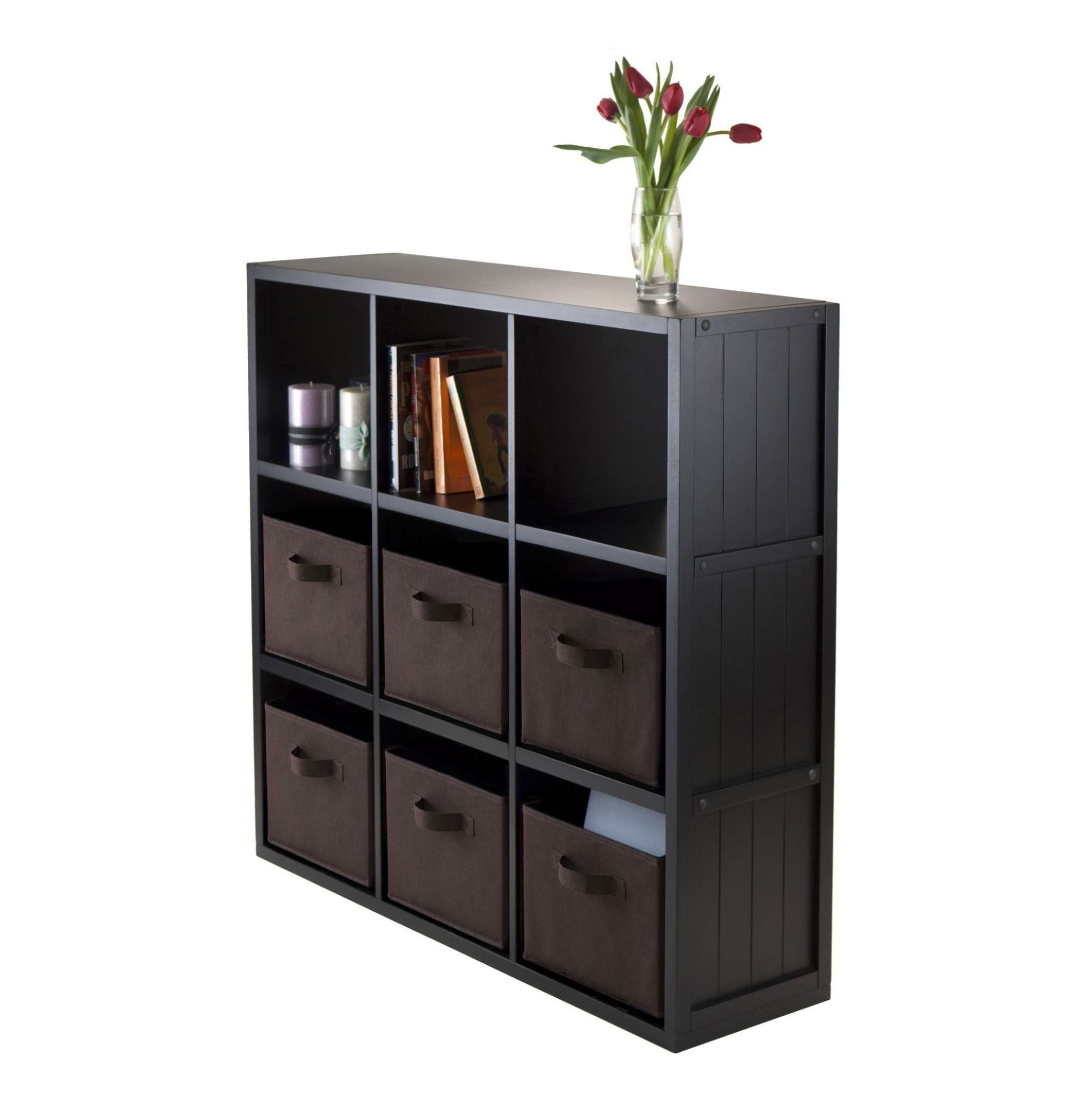7-Pc Wainscoting Panel Shelf 3 x 3 Cube with 6 Chocolate Foldable ...