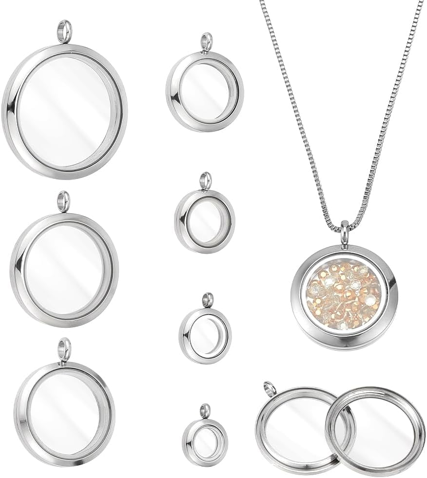 7 Pcs 7 Sizes Memory Locket Pendants Stainless Steel Photo Charms Flat ...