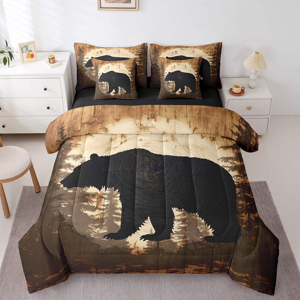 7 Pcs Bear Hunting Bed in a Bag King Size Comforter Set,Woodland Jungle ...
