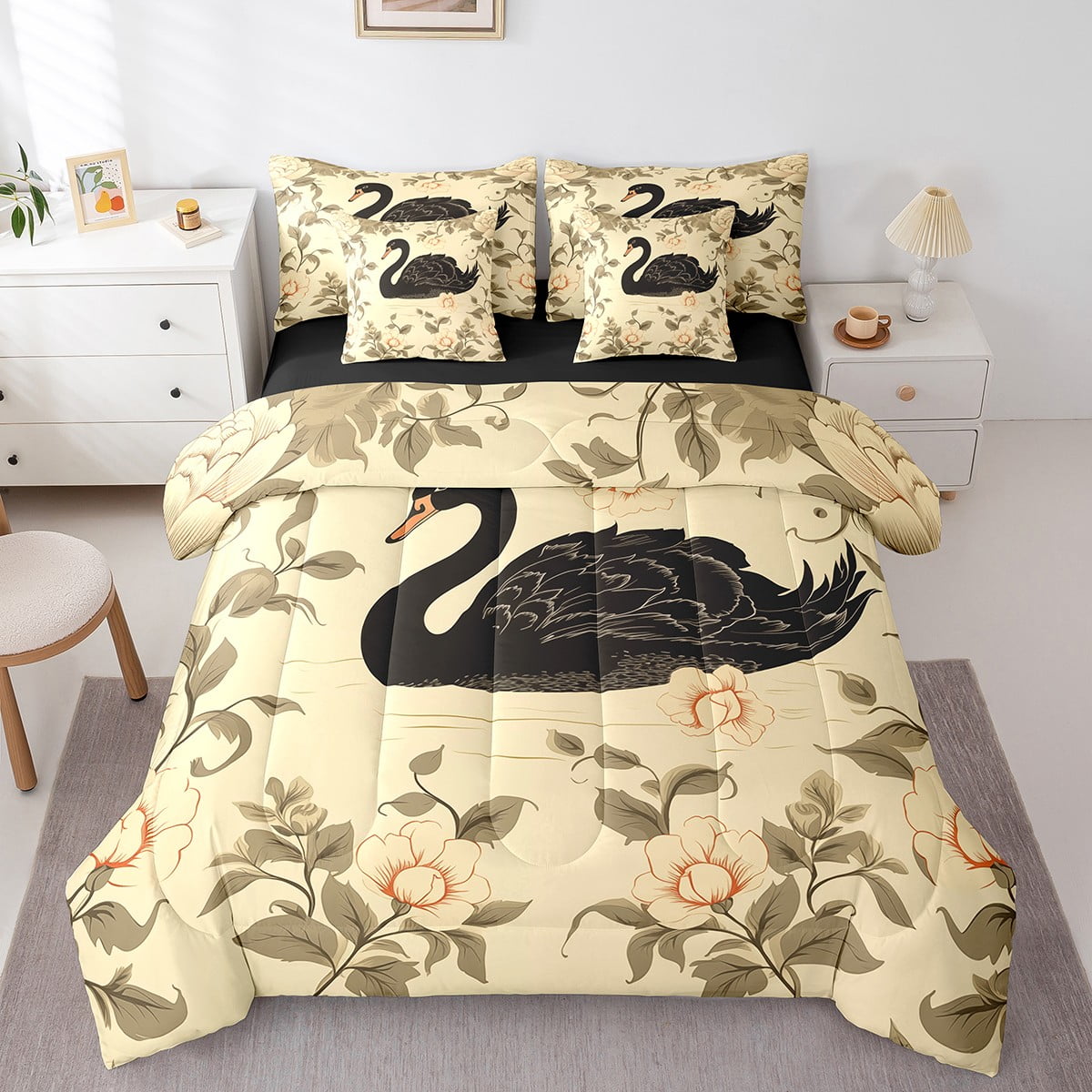 7 Pcs Bedding Black Swan Comforter Set Vintage Romantic Flowers Bedding ...