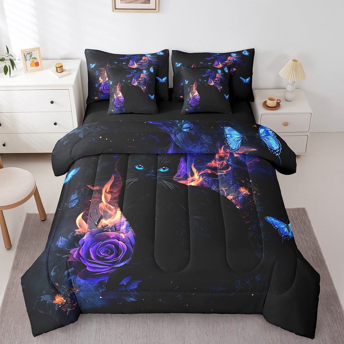7 Pcs Black Cat Bedding Set Twin Blue Rose Floral Bed In A Bag Blue ...
