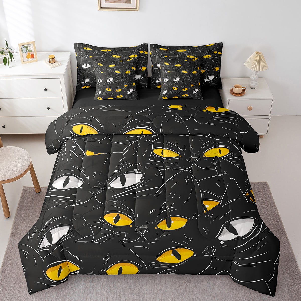 7 Pcs Black Cat Print Bedding Twin for Boys Girls Cool Cat Bed in a Bag ...