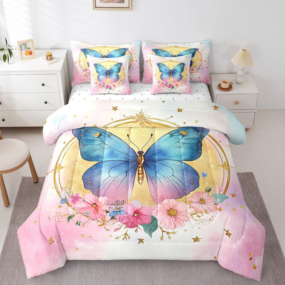 7 Pcs Blue Butterfly Bedding Set Queen Butterfly Bed In A Bag Pink ...
