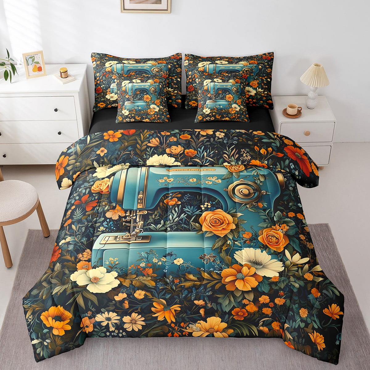 7 Pcs Blue Sewing Machine King Bedding Sets with Comforter,Flat ...