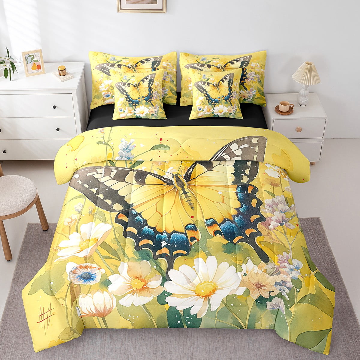 7 Pcs Butterfly Yellow Comforter Set,Dreamy Garden Animal Aesthetic ...