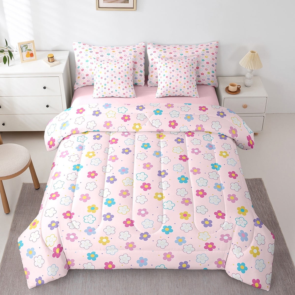 7 Pcs Cartoon Daisy Comforter Queen,Watercolor Sun Flowers Princess ...