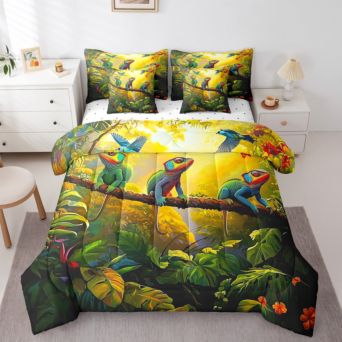 7 Pcs Chameleon Bedding Sets Green Banana Leaves Print Bed in a Bag ...