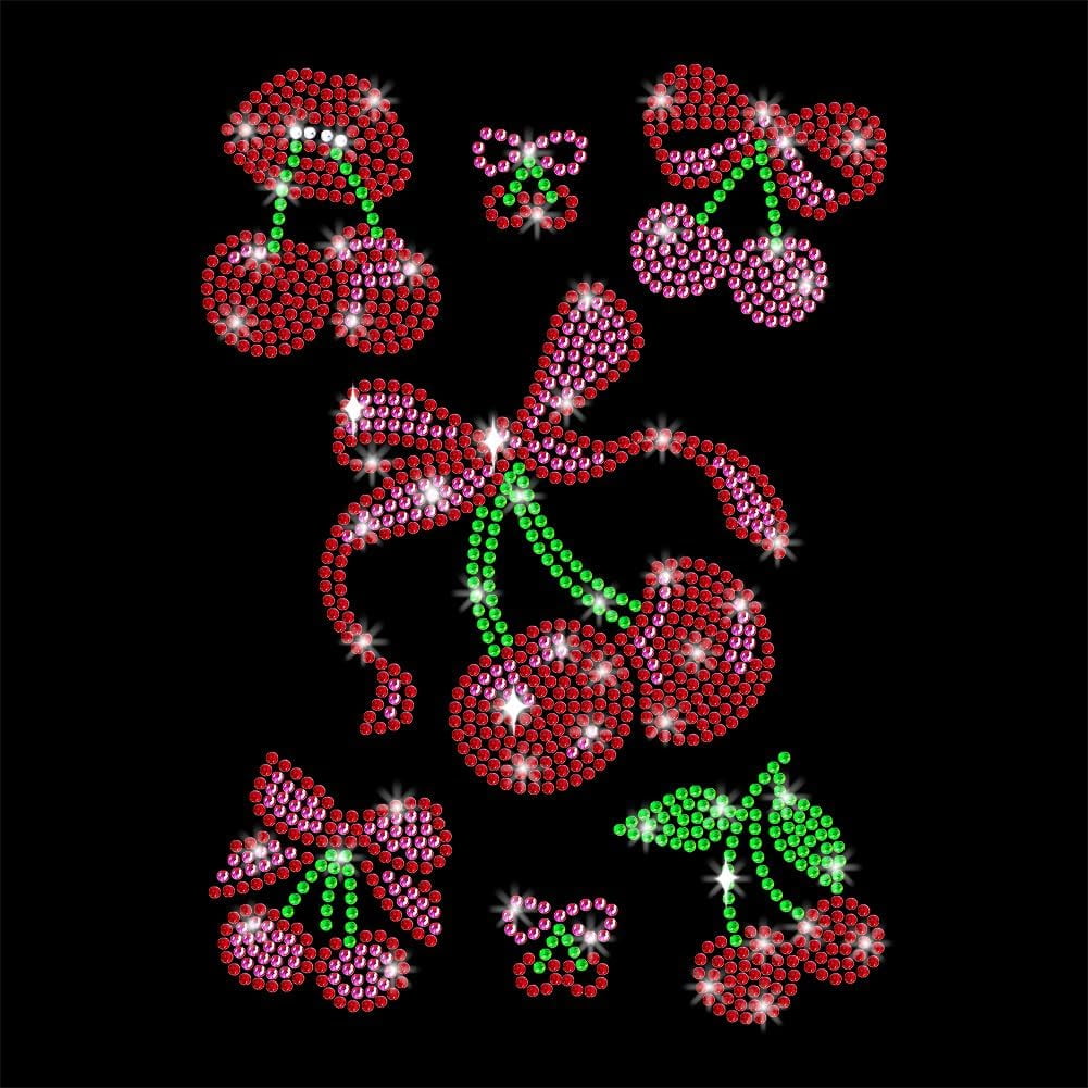 7 Pcs Cherry with Bow Pattern Iron on Rhinestones Transfer Bling ...