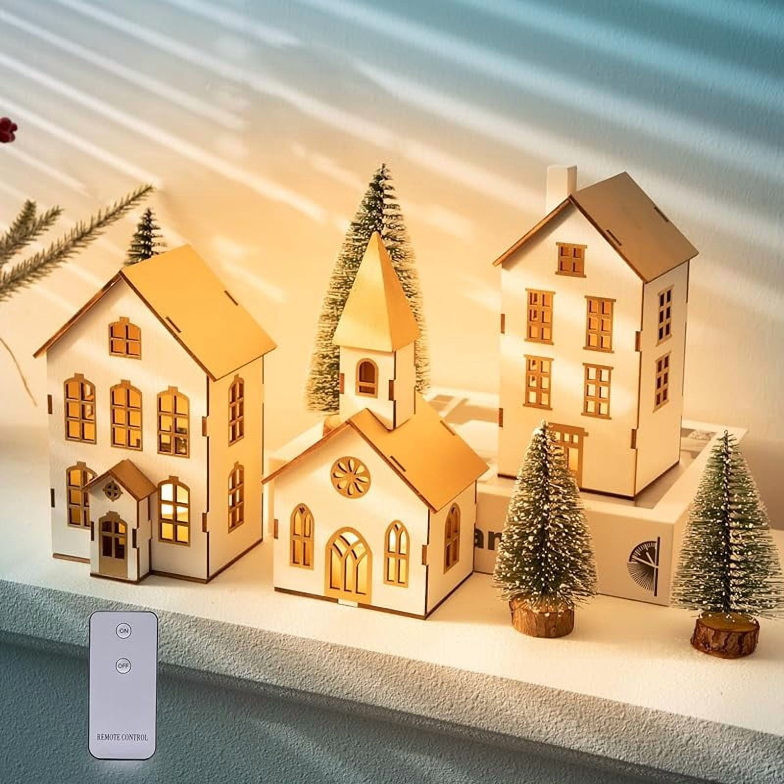 7 Pcs Christmas Village Figurines Sets - 3 LED Lighted Houses with ...