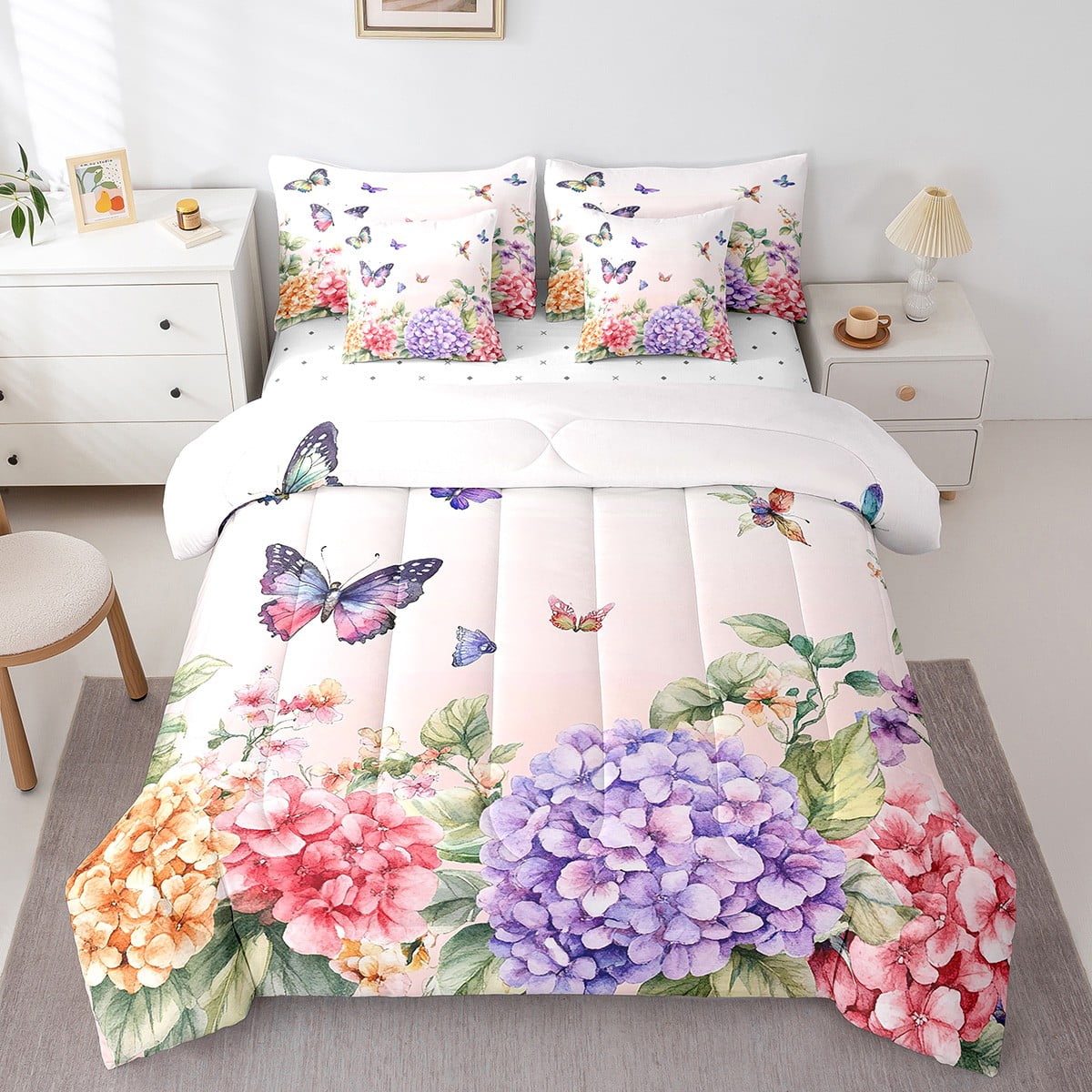 7 Pcs Colorful Butterfly Full Bedding Set Purple Hydrangea Bed In A Bag ...