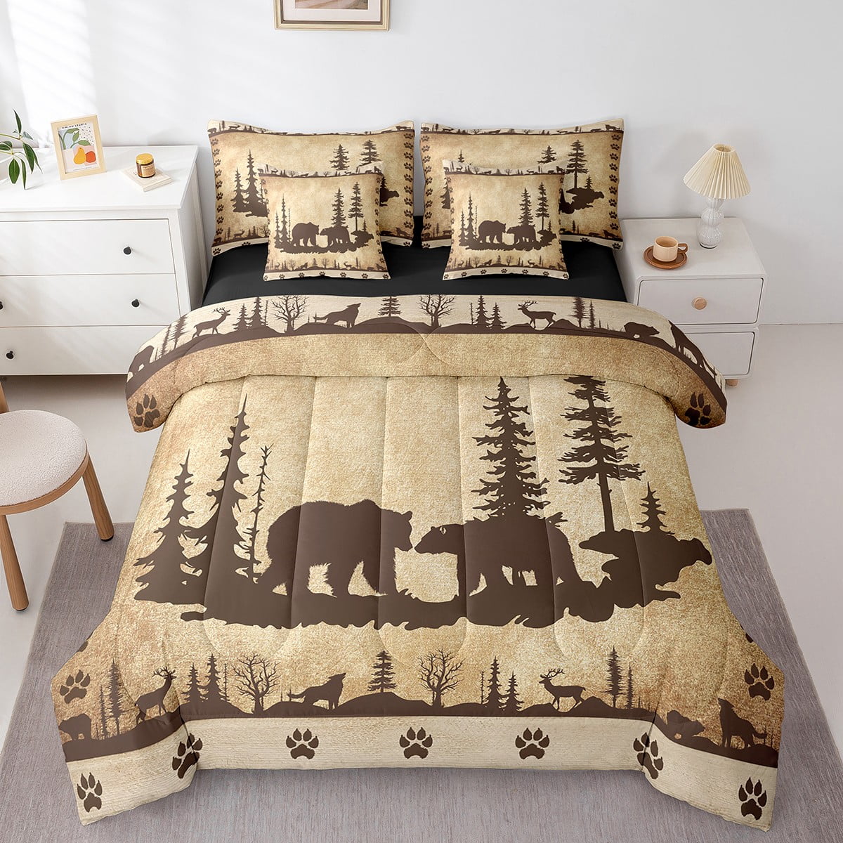 7 Pcs Comforter Set Full,Bear Rustic Cabin Bed in a Bag with Flat Sheet ...