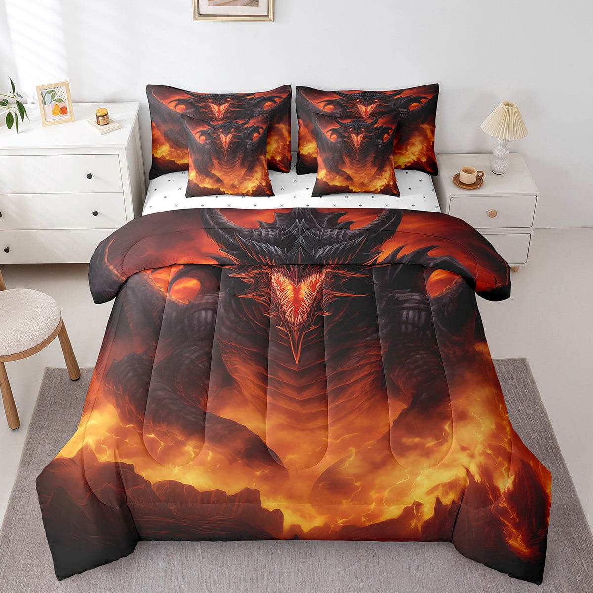 7 Pcs Comforter Set Full, Dragon Bed in a Bag with Flat Sheet and ...