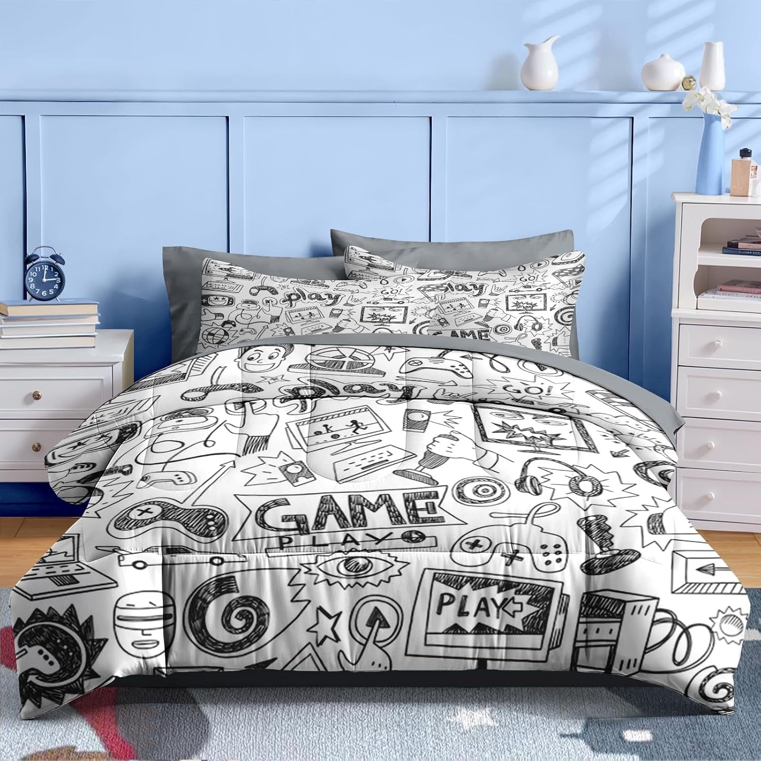 7 Pcs Comforter Set Full Size, Computer Games Doodles Bedding for Kids ...