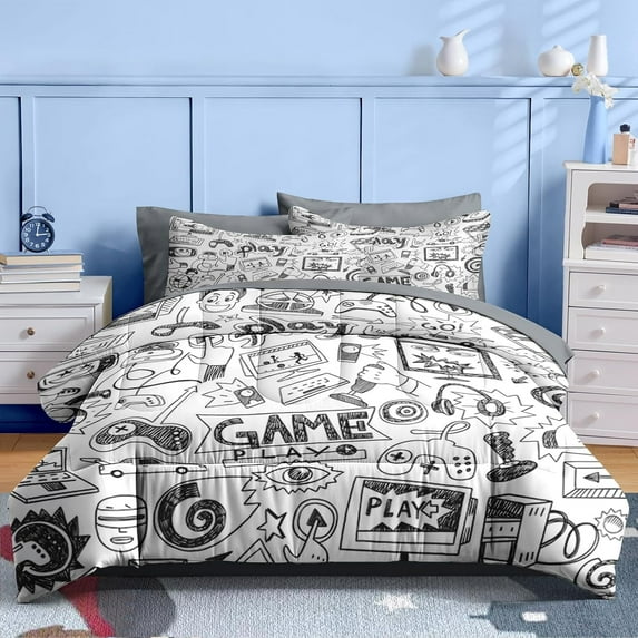 7 Pcs Comforter Set Full Size, Computer Games Doodles Bedding for Kids ...