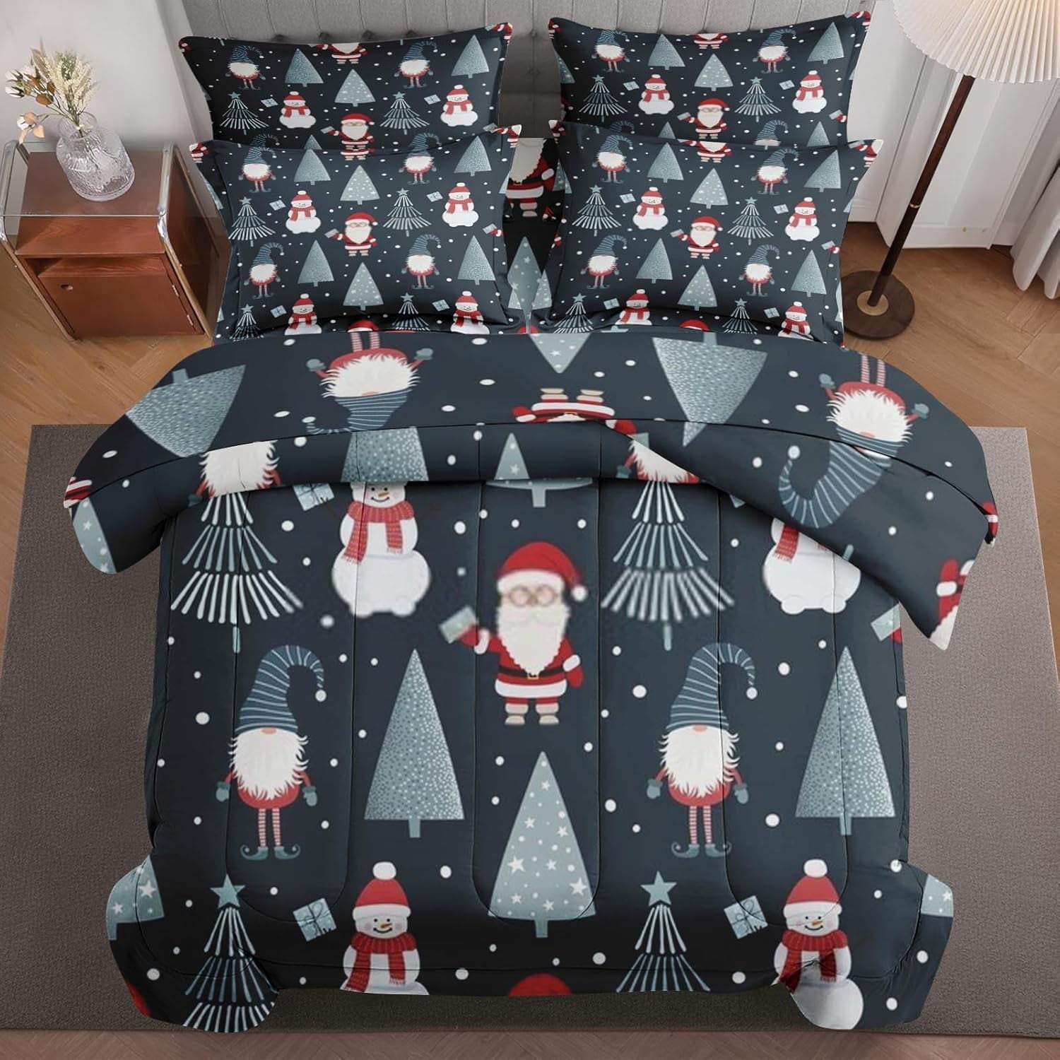 7 Pcs Comforter Set Full Size Merry Happy Claus Bed in a Bag with Flat ...