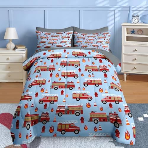 7 Pcs Comforter Set Full Size, Red Fire Engine Bedding for Kids Teen ...