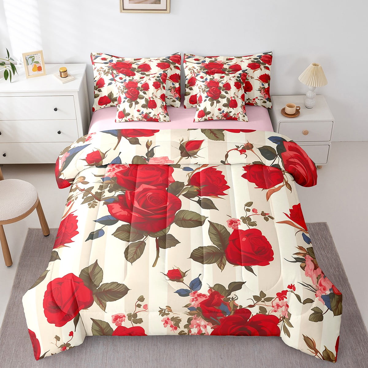 7 Pcs Comforter Set Full Size,Red Rose Bed in a Bag with Flat Sheet and ...