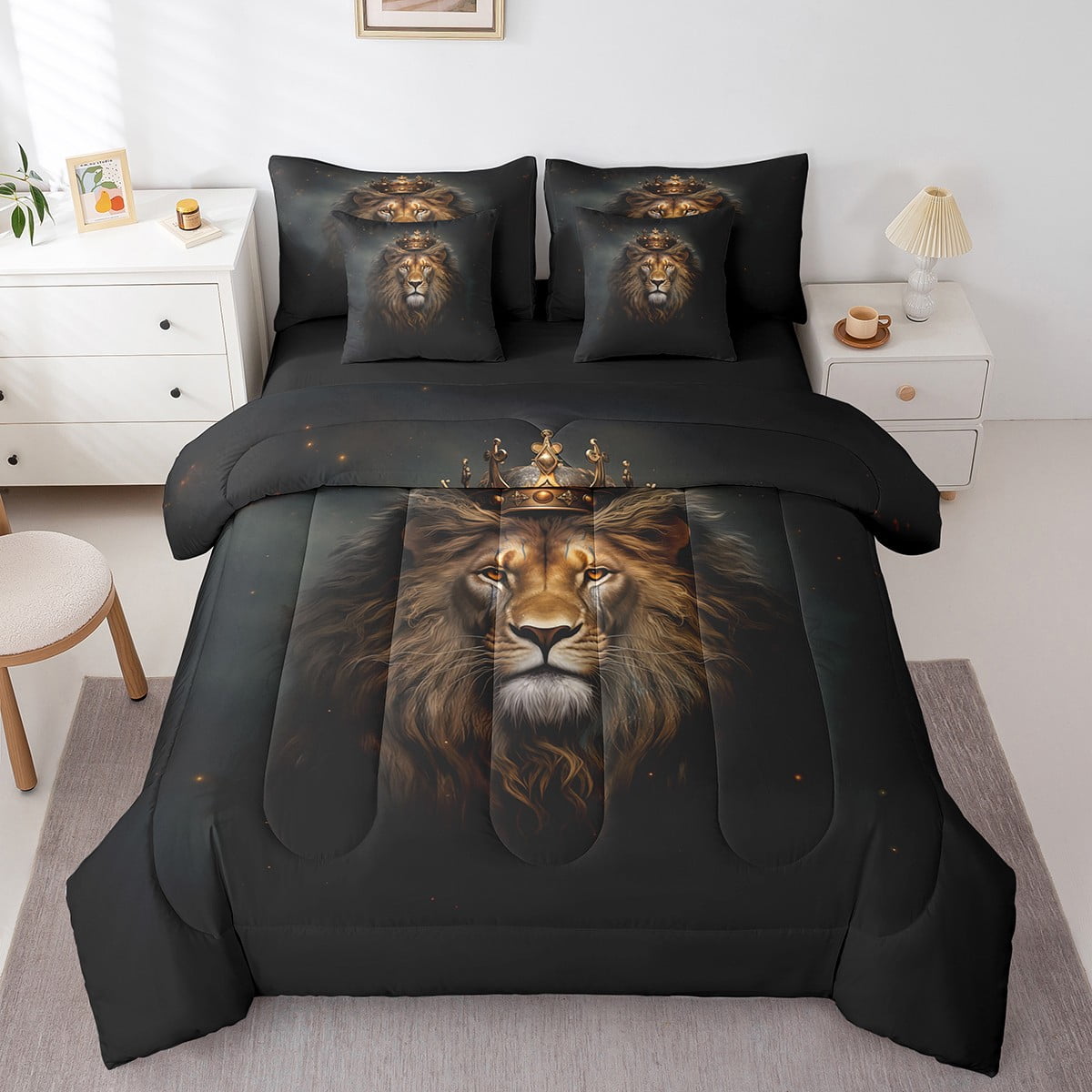 7 Pcs Comforter Set King Size, King Lion Golden Print Bedding Black 3D ...