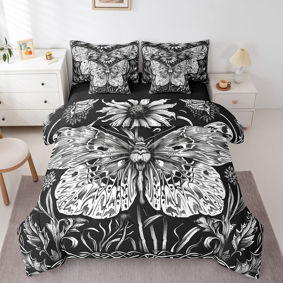 7 Pcs Comforter Set King Size,Moth Butterfly Bed in a Bag with Flat ...