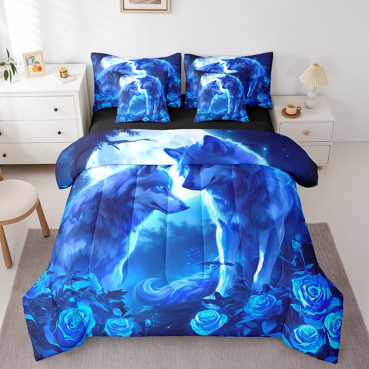 7 Pcs Comforter Set Queen Size,Wolf Wolves Bed in a Bag with Flat Sheet ...