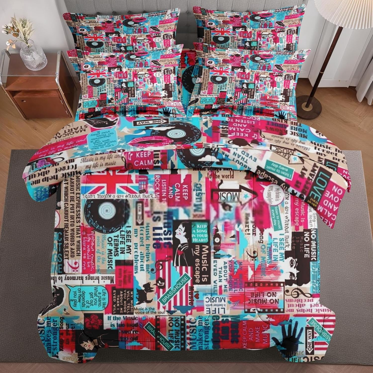 7 Pcs Comforter Set Size, Vintage Rock Roll Music Bed in a Bag with ...