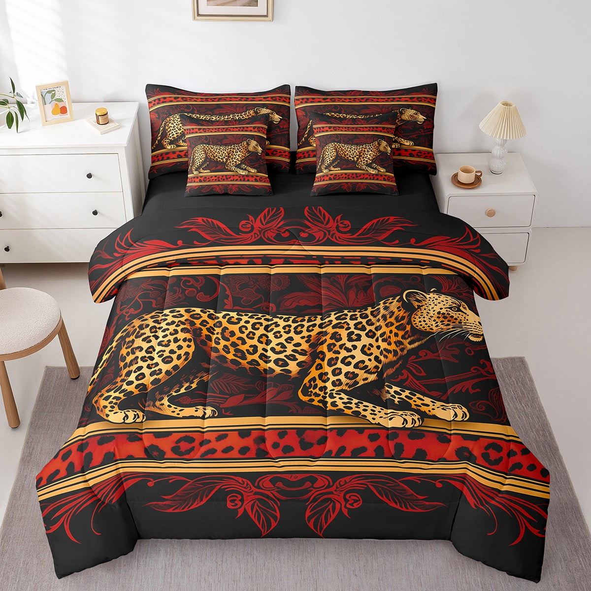7 Pcs Comforter Set Twin Size,Cheetah Bed in a Bag with Flat Sheet and ...