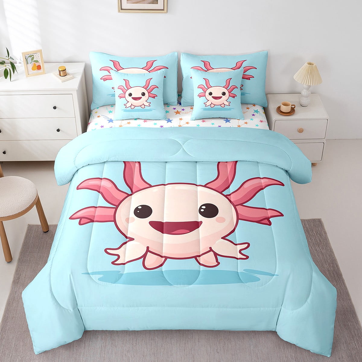 7 Pcs Cute Axolotl Bed in a Bag Twin Size Comforter Set,Cartoon ...
