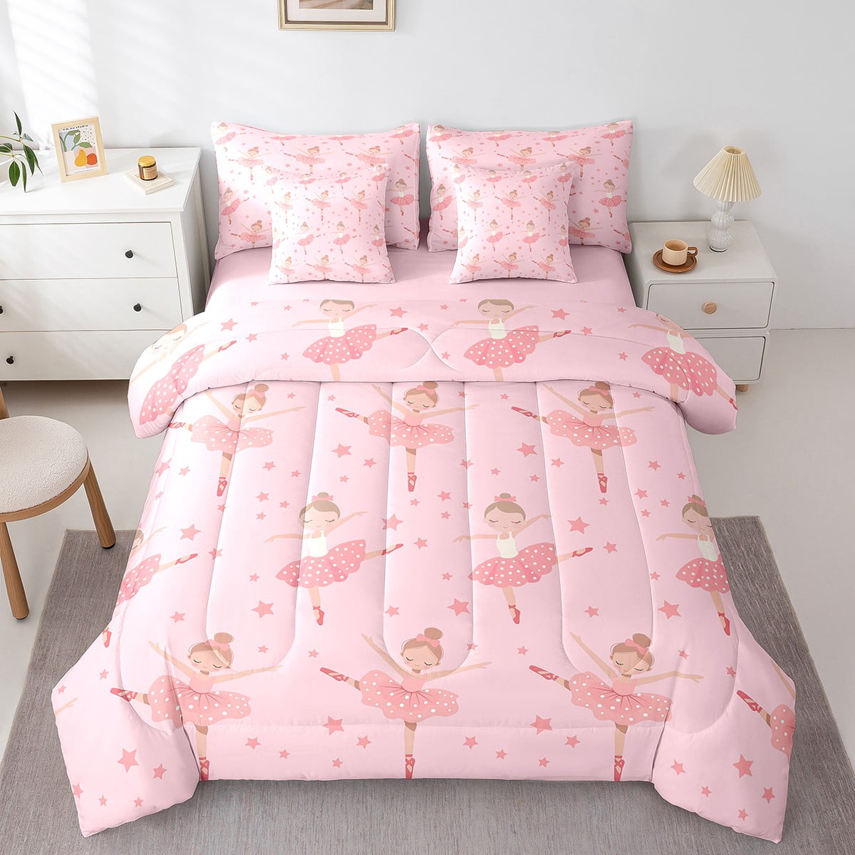 7 Pcs Cute Ballet Dancer Comforter Queen,Ballerina Stars Dot Girly ...