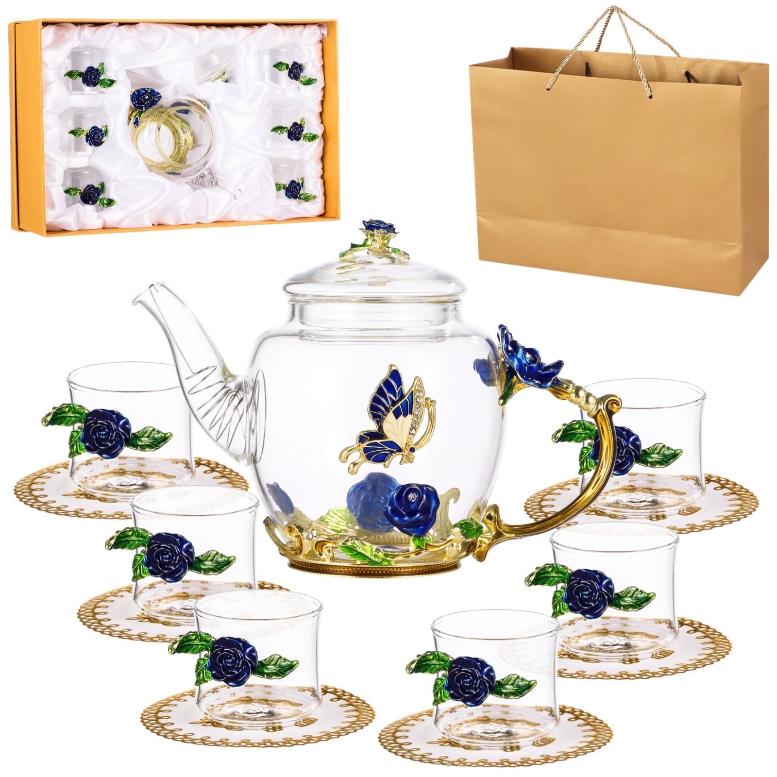 7 Pcs Floral Glass Tea Set, Fancy Flower Teapot Cup Set with Coasters ...