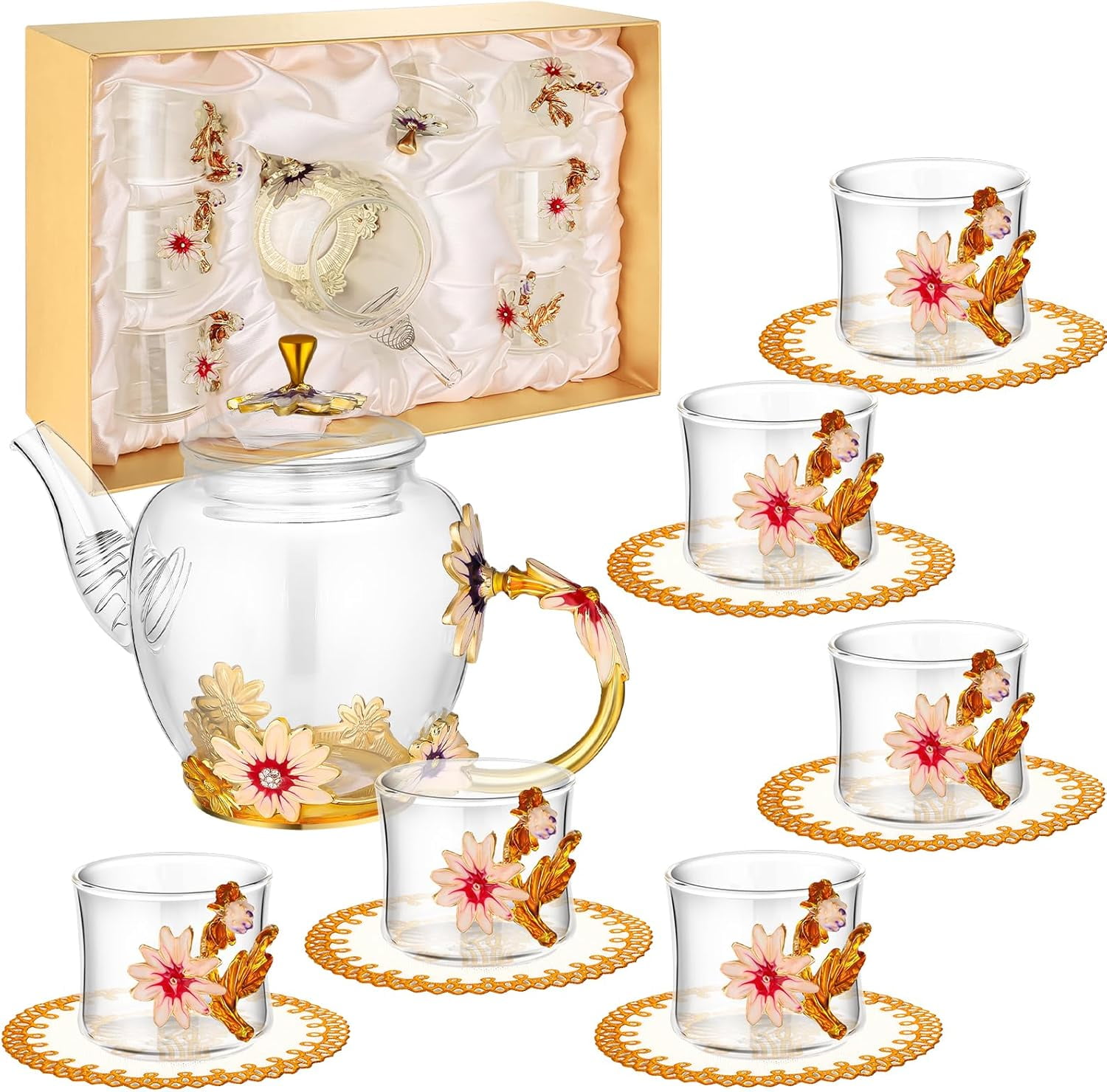 7 Pcs Floral Tea Set for Women, Vintage Flower Teapot Set With Gift Box ...