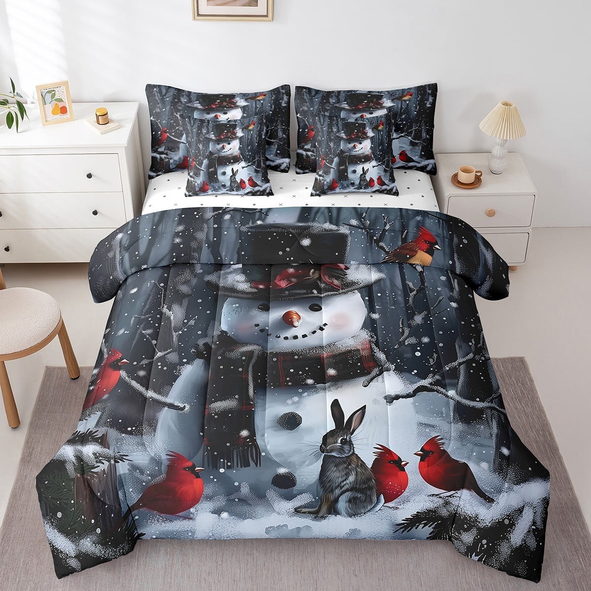 7 Pcs Full Bed in a Bag Snowman Winter Themed Bedding Set Happy New ...