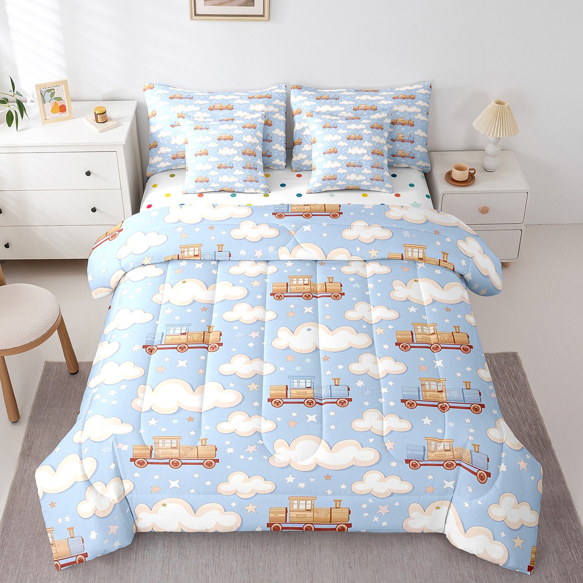 7 Pcs Full Size Cartoon Train Comforter Set,Chochoo Steam Locomotive ...