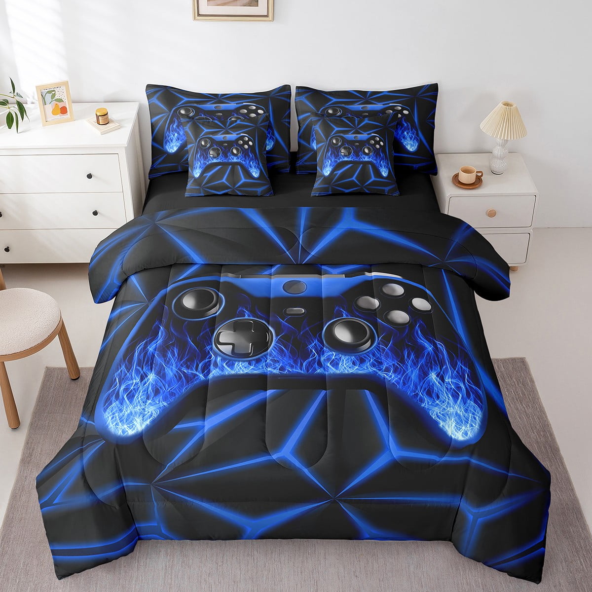 7 Pcs Game Bed in a Bag Twin, Blue Neon Geometry Twin Bedding Sets 3D ...