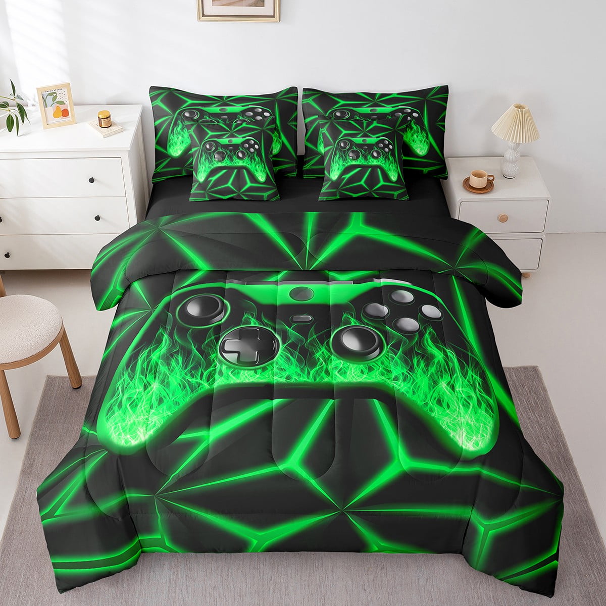 7 Pcs Gamer Bed in a Bag for Boys Full Bedding Sets 7 Piece Green Video ...