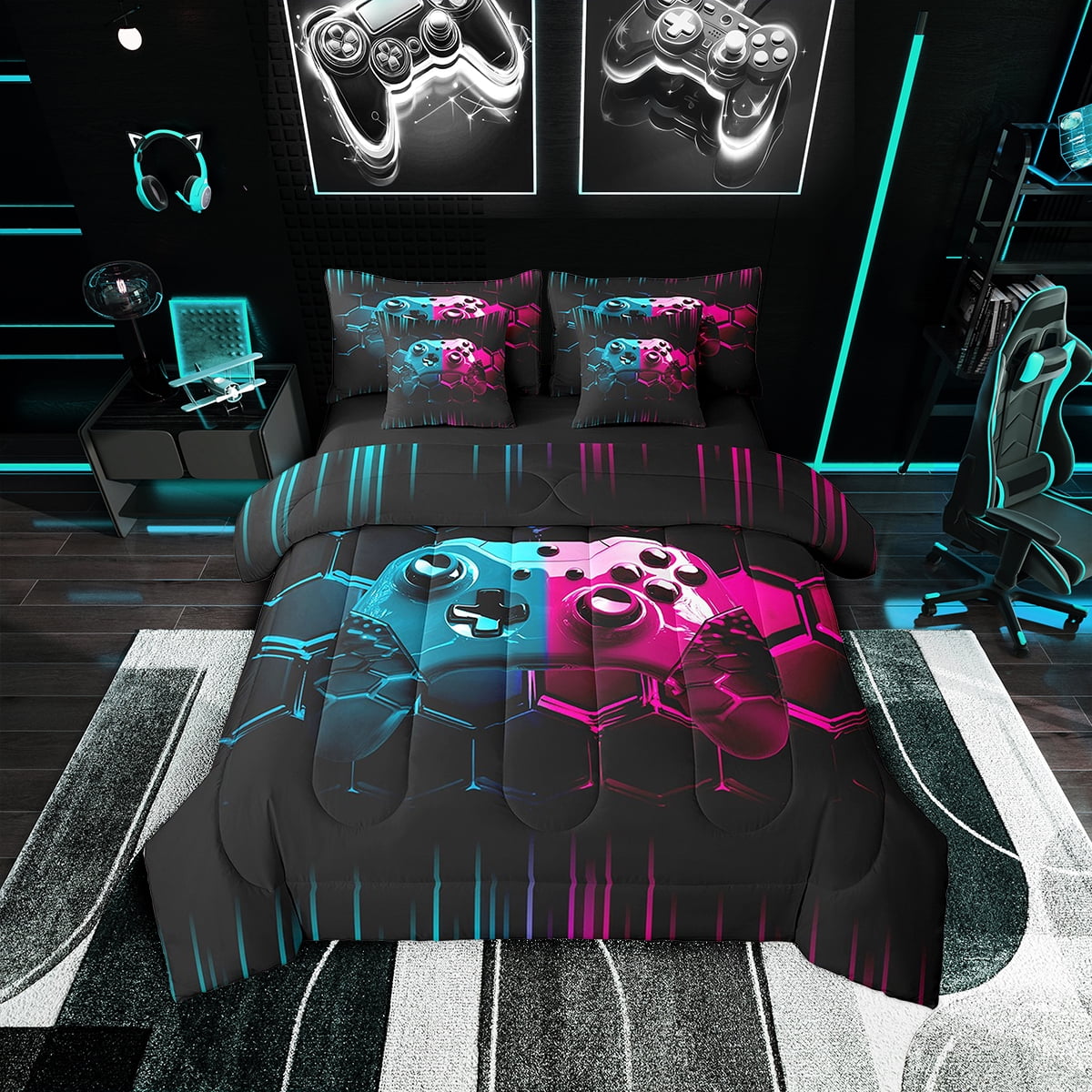 7 Pcs Gaming Bedding Sets Set Blue Gamer Bed in a Bag Queen Honeycomb ...