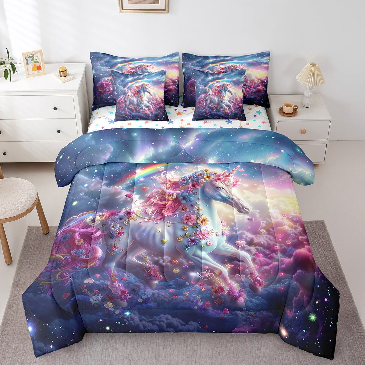 7 Pcs Girls Full Size Rainbow Unicorn Bedding Set Cute Cartoon Unicorn ...