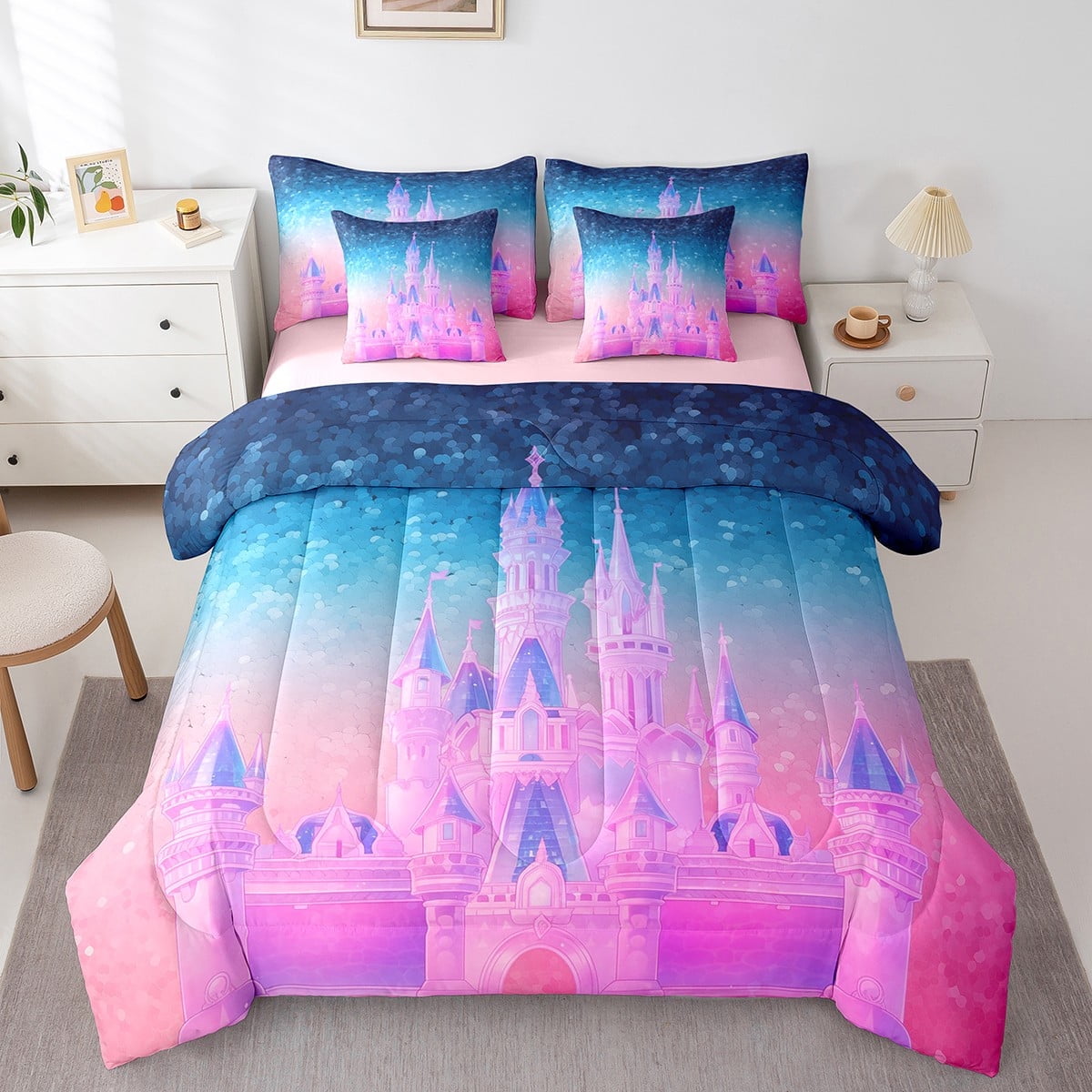 7 Pcs Girly Princess Comforter Set Queen Size,Dreamy Castle Bed In A ...