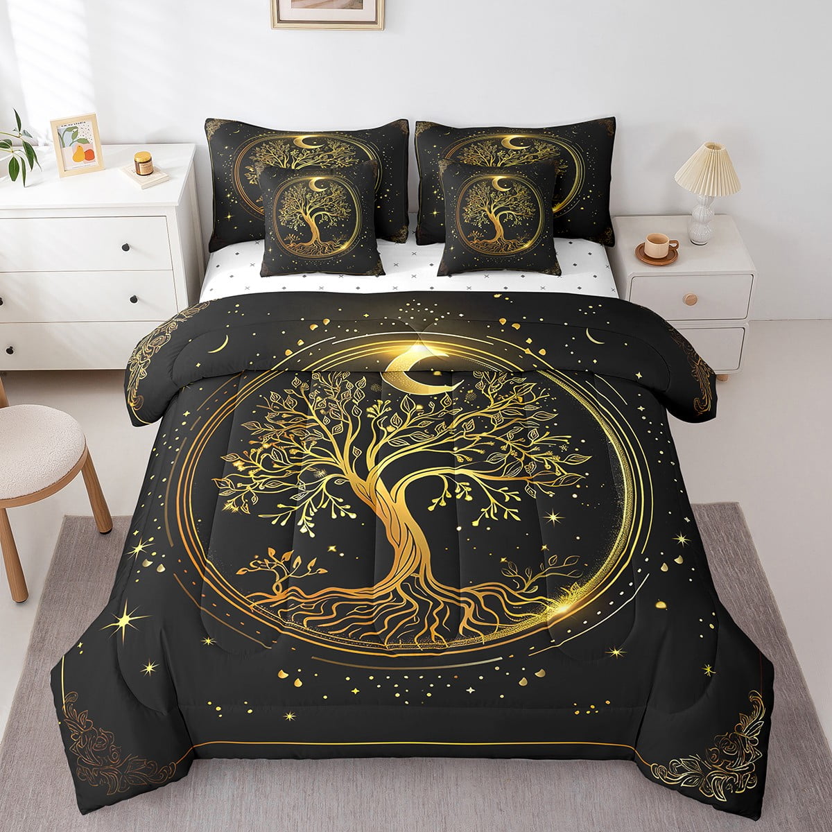 7 Pcs Golden Tree of Life Twin Comforter Set with Sheets Geometric ...