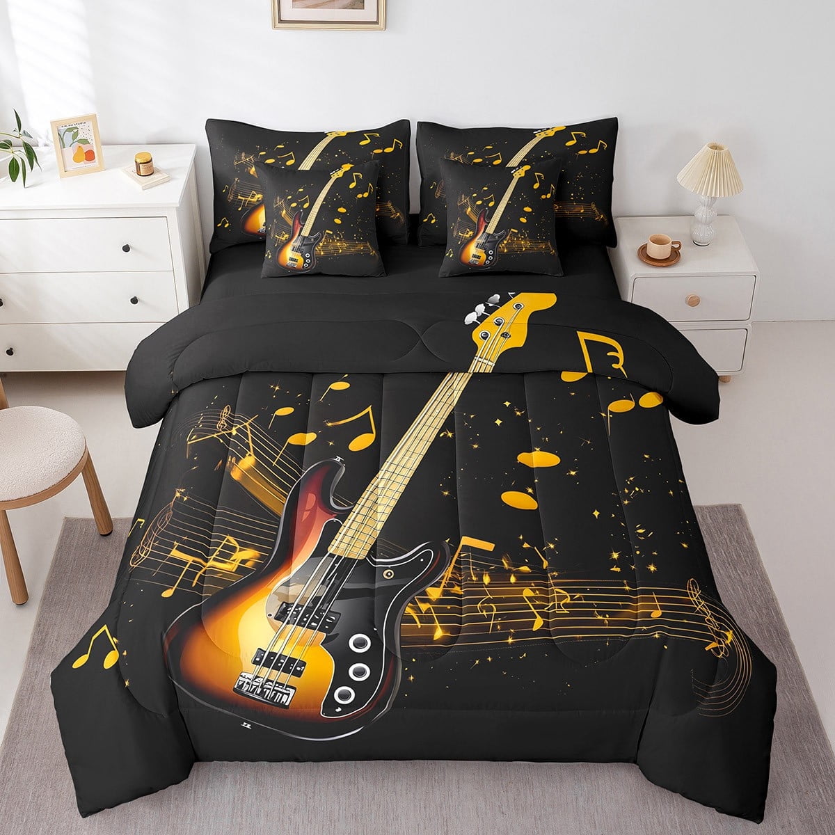 7 Pcs Guitar Bed in a Bag Twin Size Comforter Set,Modern Pop Music ...