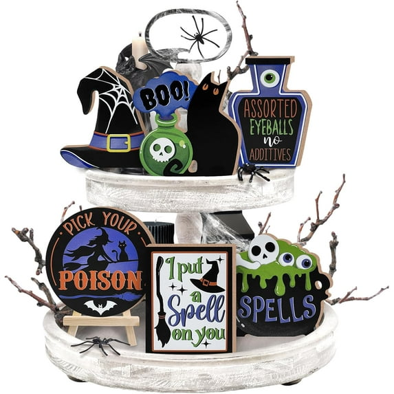 7 Pcs Halloween Witch Tiered Tray Decor, Funny Black Cat Boo Cauldron ...